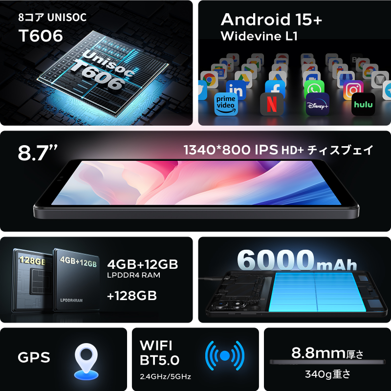 E8A タブレット 8.7インチ Android 15 アンドロイド WIFI 16GB (4GB+12GB仮想) + 128GB UFS 2.1 + 512GB TFカード拡張 ...